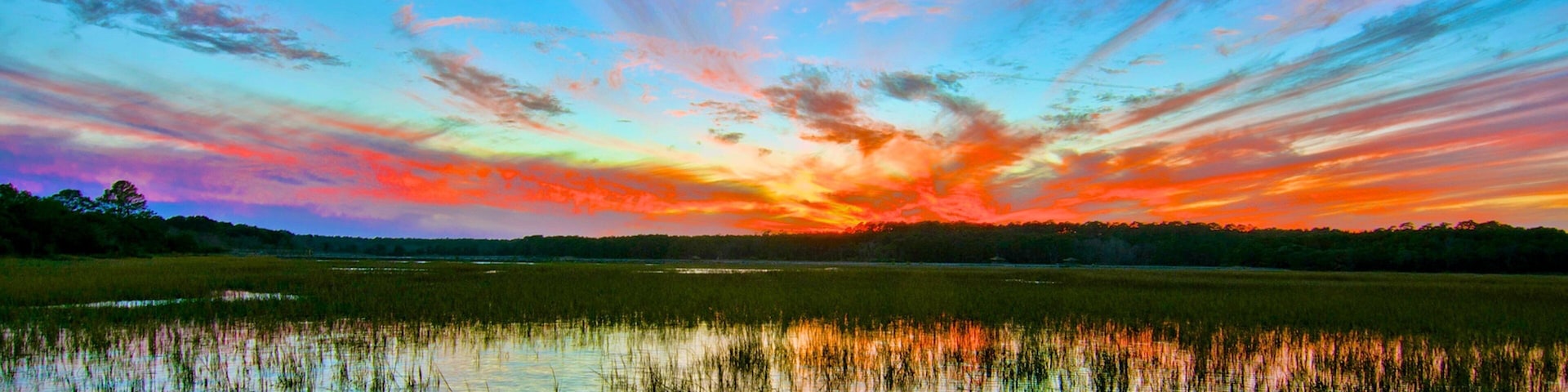 Huntington Beach State Park which includes a sunset, landscape views and wetlands