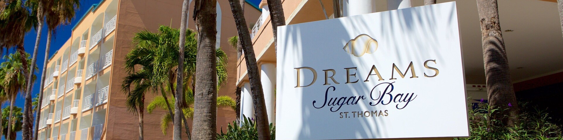 Placa de Dreams Sugar Bay St. Thomas com uma palmeira e um edifício ao fundo.