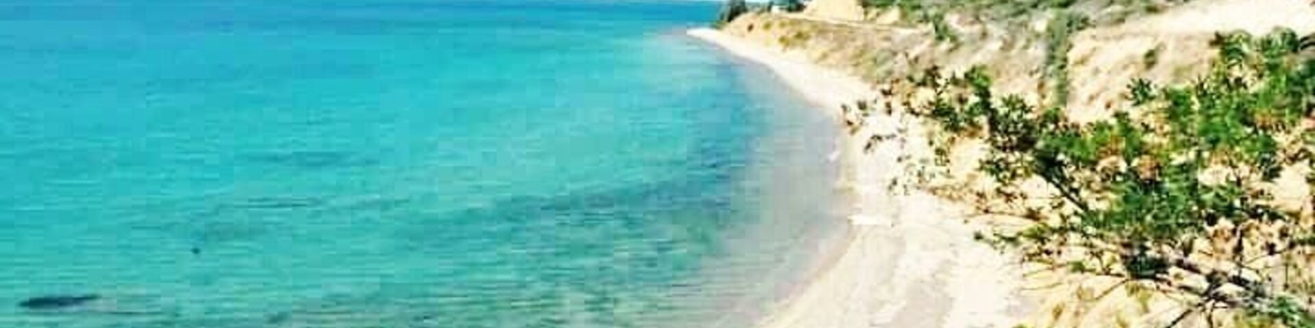 Uma praia com águas turquesa cristalinas, areal arenoso e vegetação rasteira.