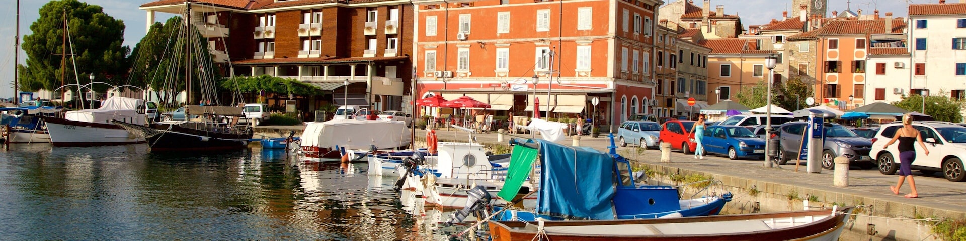 Marina Izola mostrando uma cidade litorânea, canoagem e uma marina