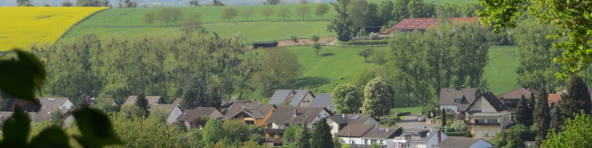 Aussichtspunkt bei Raibach, im Vordergrund sieht man Raibach und im Hintergrund kann man die Skyline von Frankfurt am Main im Dunst ausmachen.
