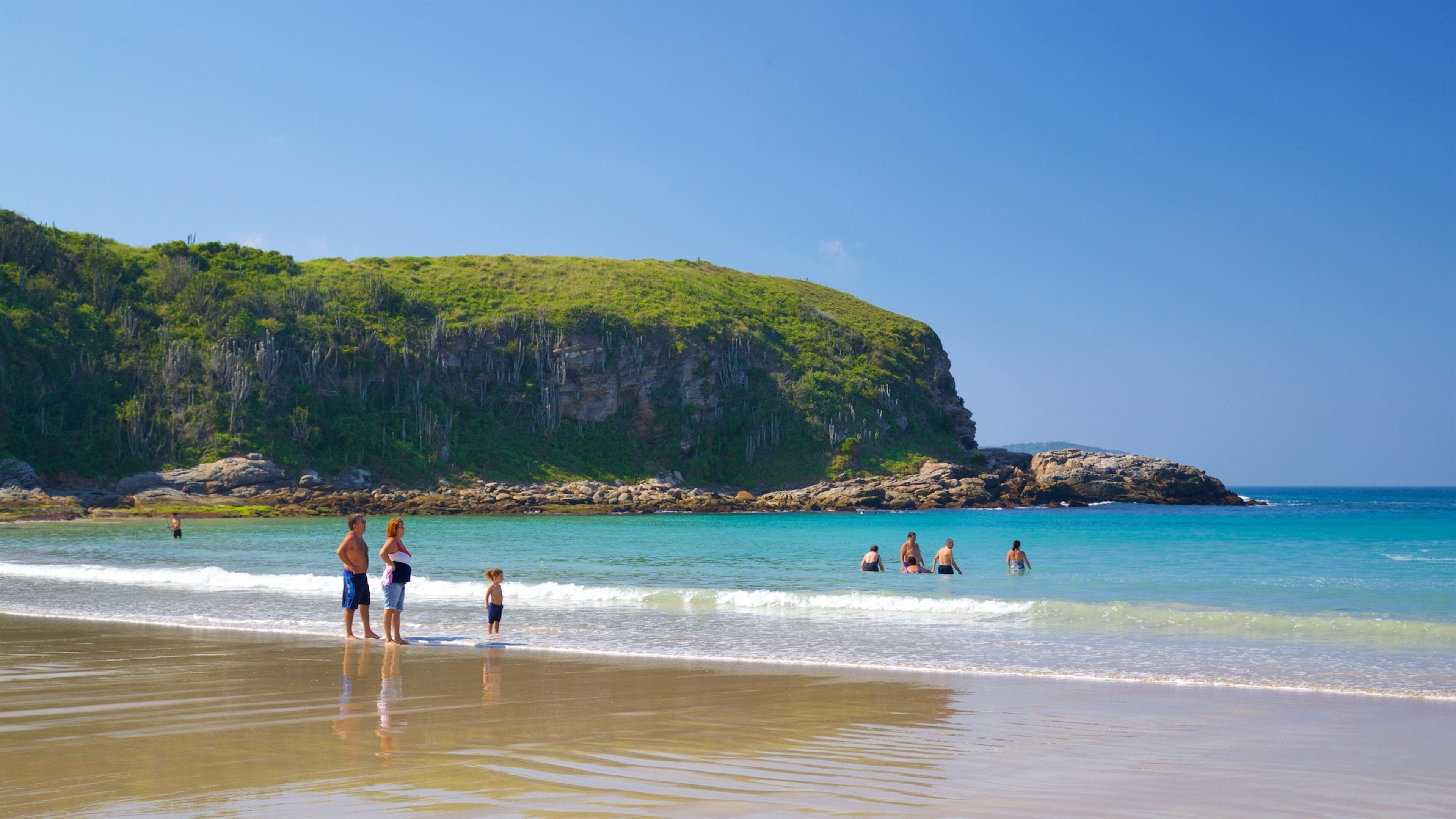 Uma praia com pessoas nadando e caminhando na água, céu azul límpido e uma colina verde ao fundo.
