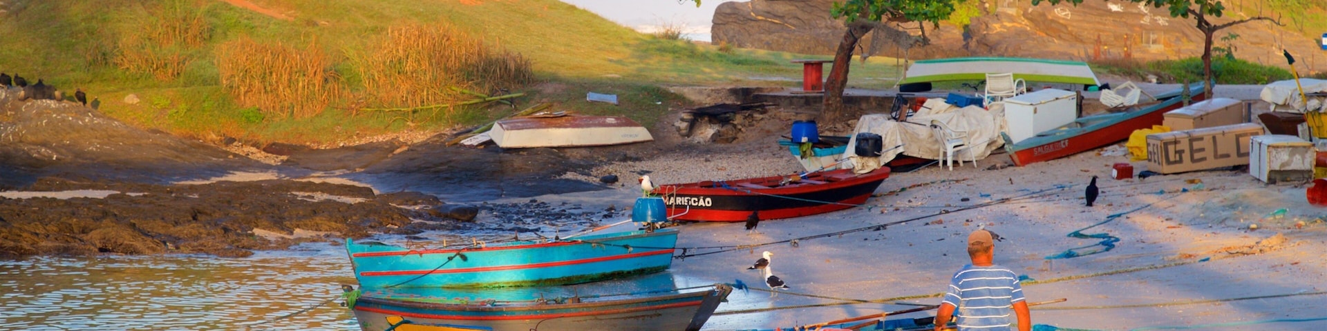 Arpoador Mount featuring general coastal views and a beach as well as an individual male
