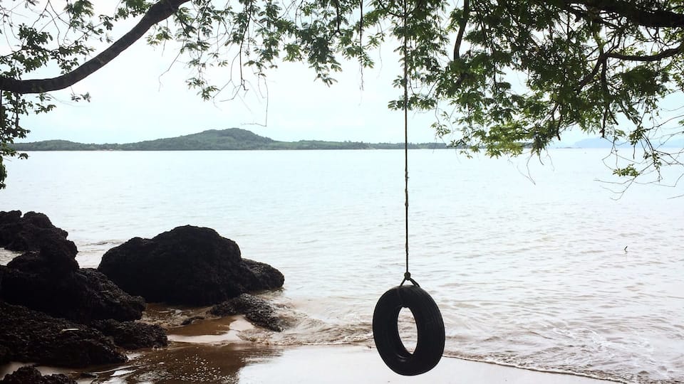 Um balanço de pneu pendurado em uma árvore sobre uma praia com rochas e águas calmas ao fundo.