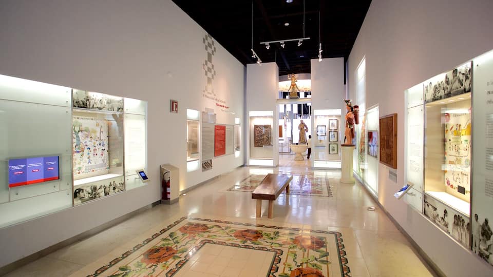 Uma galeria de arte com exposições nas paredes e piso estampado.