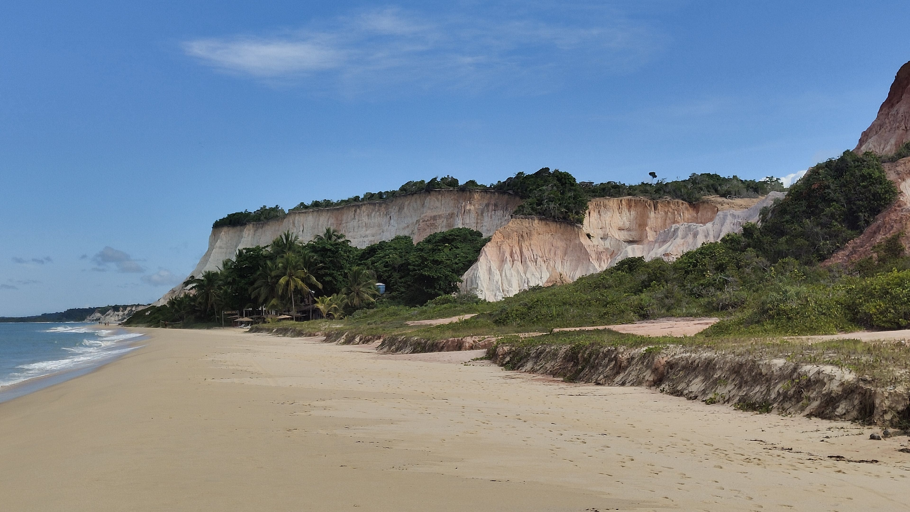 Uma praia com areia, um penhasco com vegetação e o oceano ao fundo.