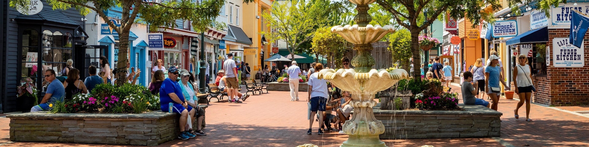 Washington Street Mall featuring a fountain and street scenes