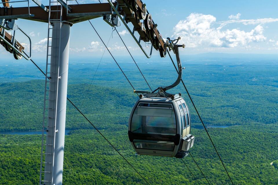 Um teleférico suspenso sobre uma paisagem arborizada.