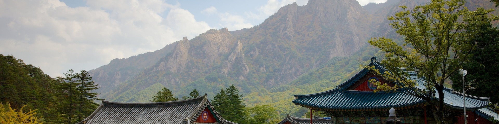 Sinheungsa Temple featuring religious elements, mountains and a temple or place of worship