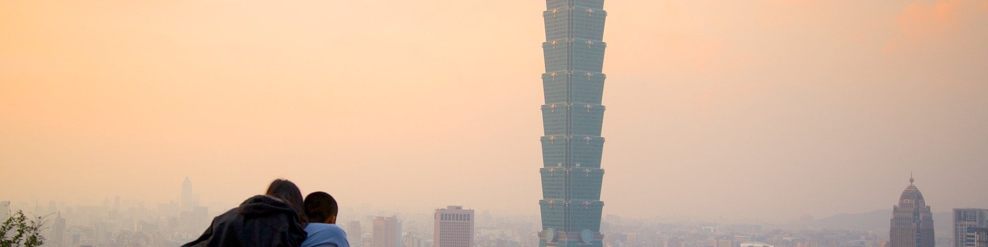 Taipei 101 which includes a skyscraper, mist or fog and modern architecture