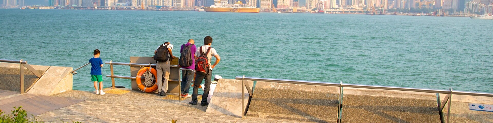 Um calçadão à beira-mar com o horizonte da cidade ao fundo.