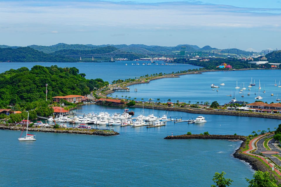 Uma marina com vários barcos, uma ponte ao fundo e colinas verdes exuberantes.