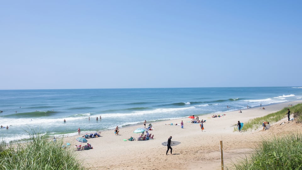Uma praia com pessoas, guarda-sóis e pranchas de surf.