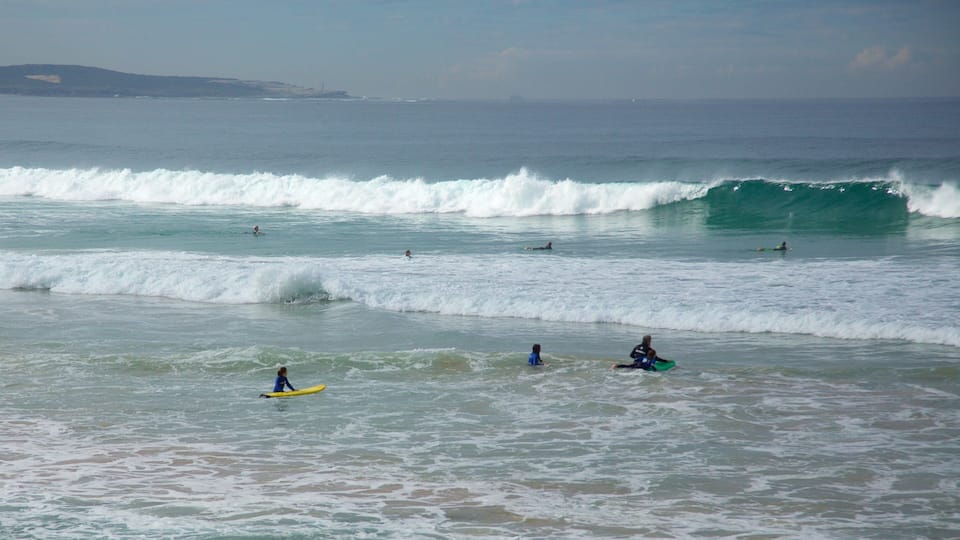 Uma praia com surfistas e nadadores na água, ondas quebrando na costa e uma linha de costa distante com colinas.