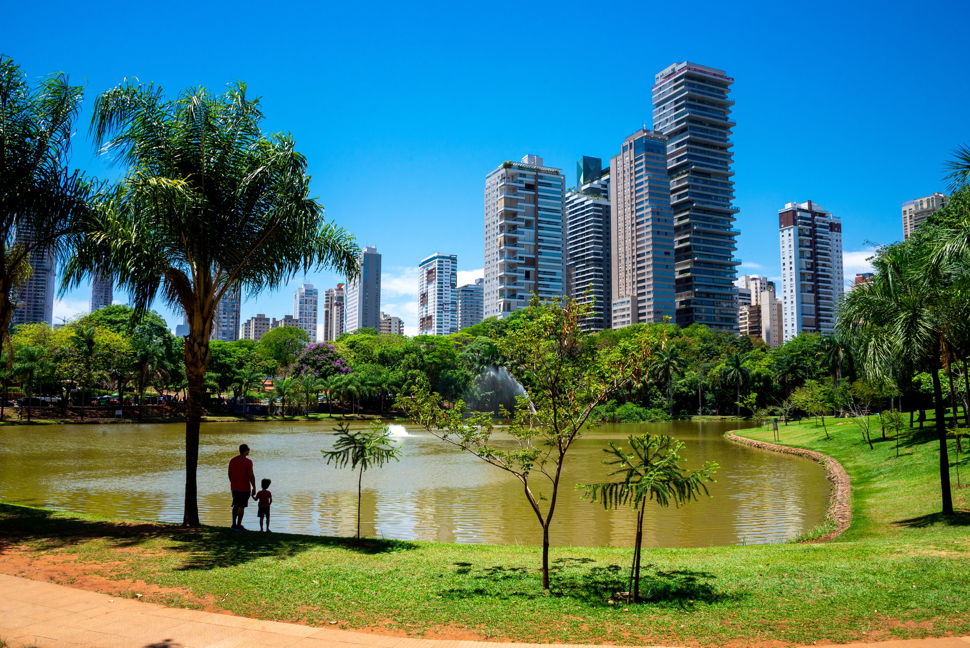 Um parque com lago, árvores e um horizonte urbano ao fundo.