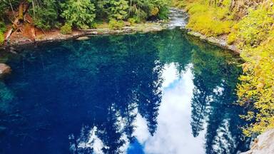 Um lago azul límpido rodeado por floresta verde densa e terreno rochoso.