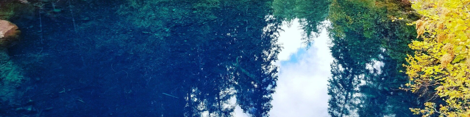 Um lago azul límpido rodeado por floresta verde densa e terreno rochoso.