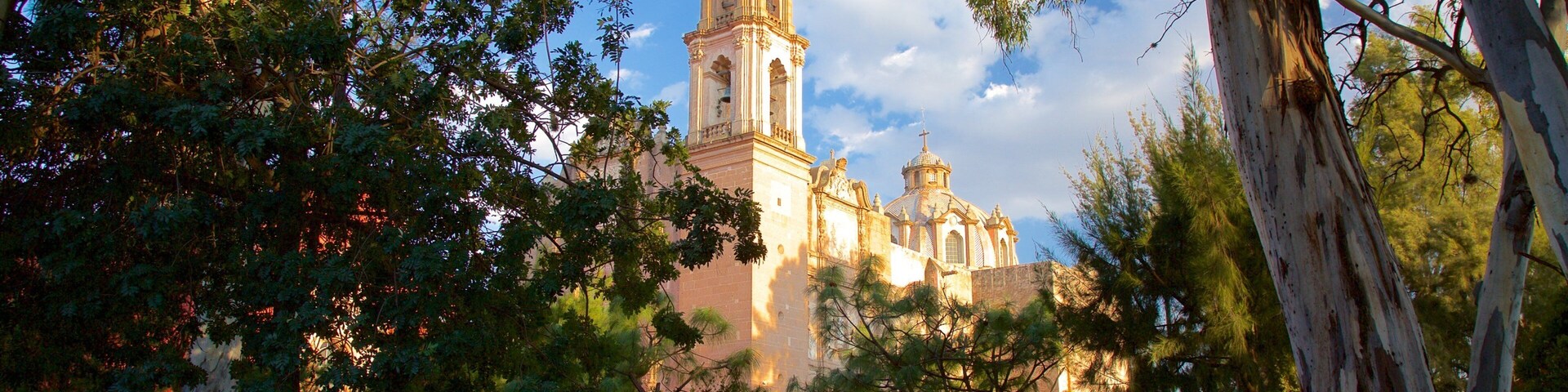 Uma igreja histórica com uma torre de sino e cúpulas, cercada por árvores e um gramado bem cuidado.