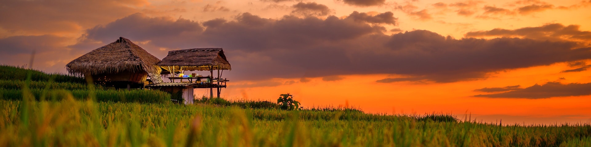 Uma cabana com telhado de palha numa colina gramada, com o pôr do sol ao fundo.