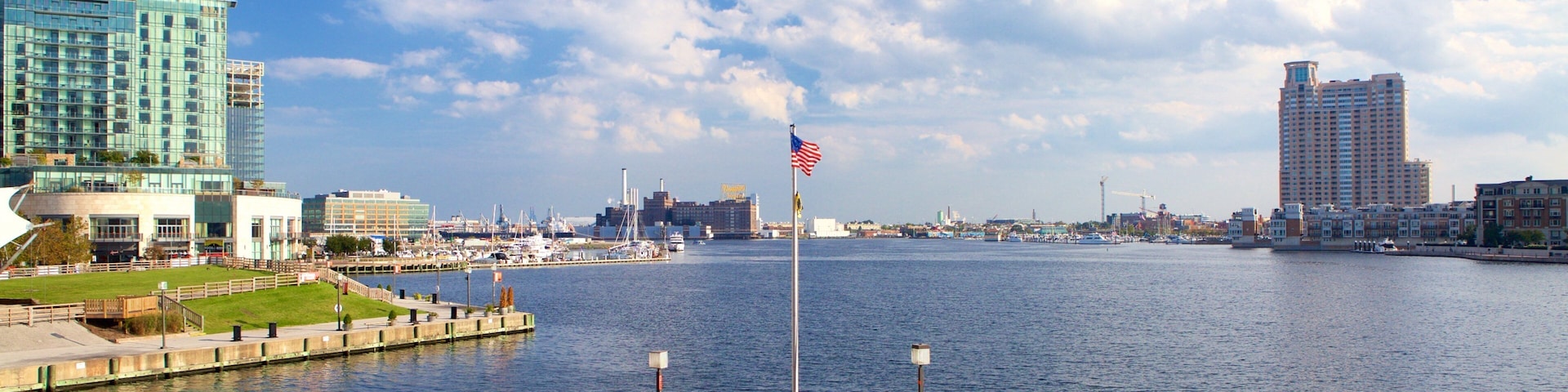 Seven Foot Knoll Light showing a marina
