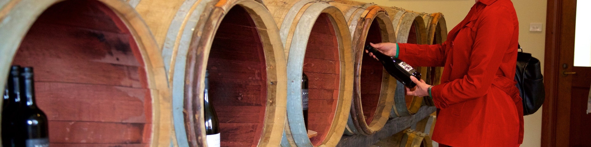 Vinícola Xanadu caracterizando vistas internas e sinalização assim como uma mulher sozinha