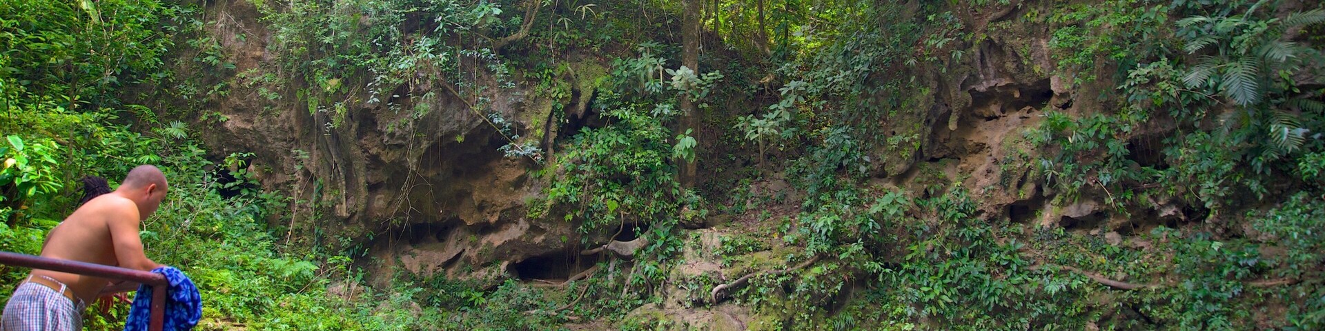Uma piscina natural rodeada por floresta densa e penhascos rochosos.