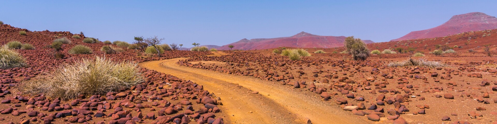 Um caminho de terra sinuoso atravessa uma paisagem desértica avermelhada, com vegetação escassa e montanhas ao longe.