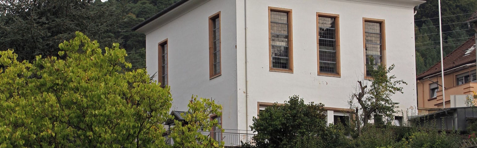 Protestant church, Friedhofstrasse No. 33, seen from Hauptstrasse, Rodalben, Germany.