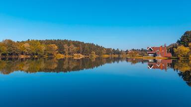 Um lago tranquilo refletindo árvores e uma casa à direita.