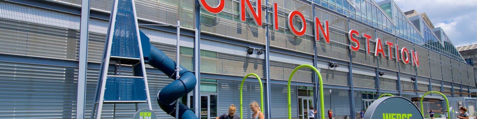 Science City at Union Station featuring signage as well as a couple