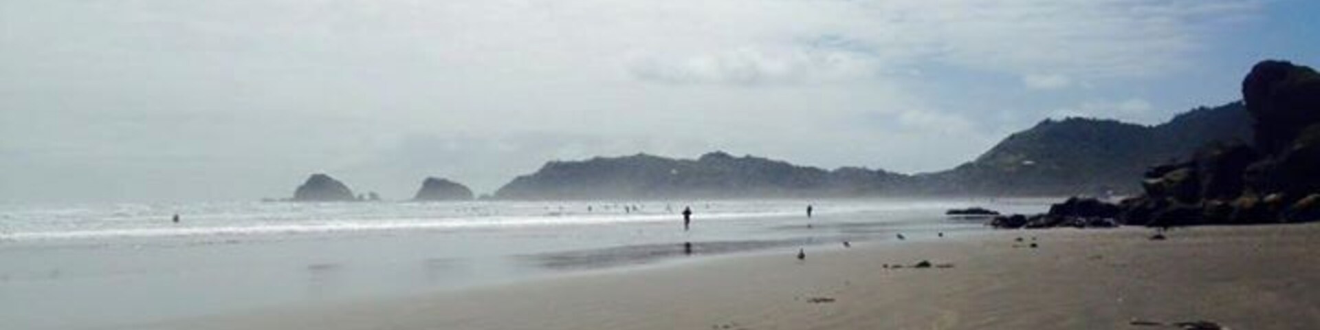 Uma praia com areal, águas calmas e afloramentos rochosos ao longe sob um céu nublado.