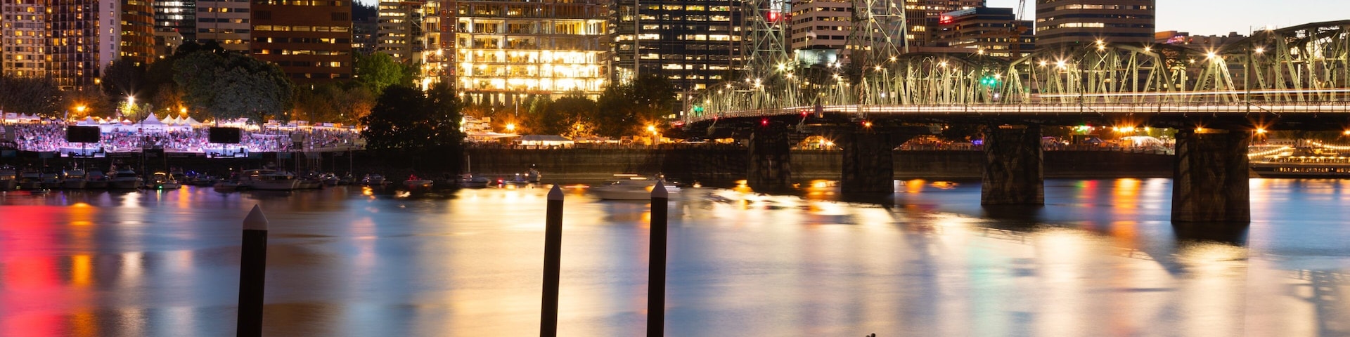 Hawthorne Bridge featuring a river or creek, a sunset and a bridge