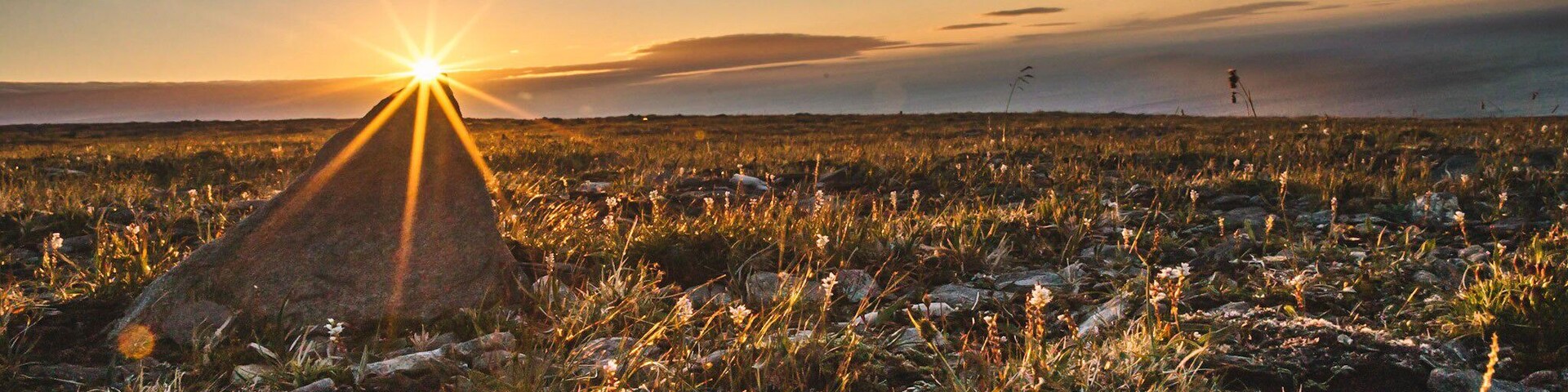 Um pôr do sol sobre um campo rochoso com vegetação escassa.