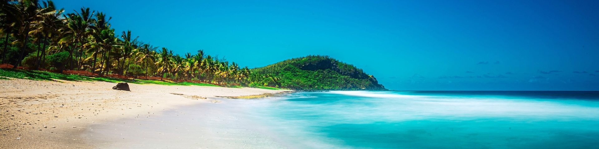 Uma praia com areia branca, água turquesa e palmeiras.