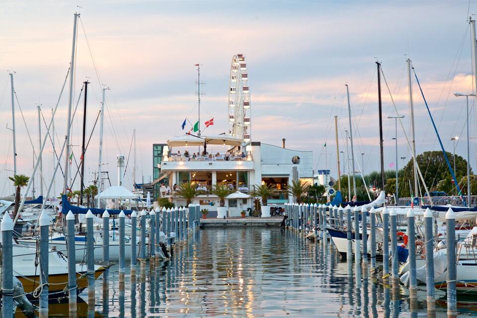 Marina com vários barcos atracados, roda gigante e um edifício com área de estar ao ar livre.