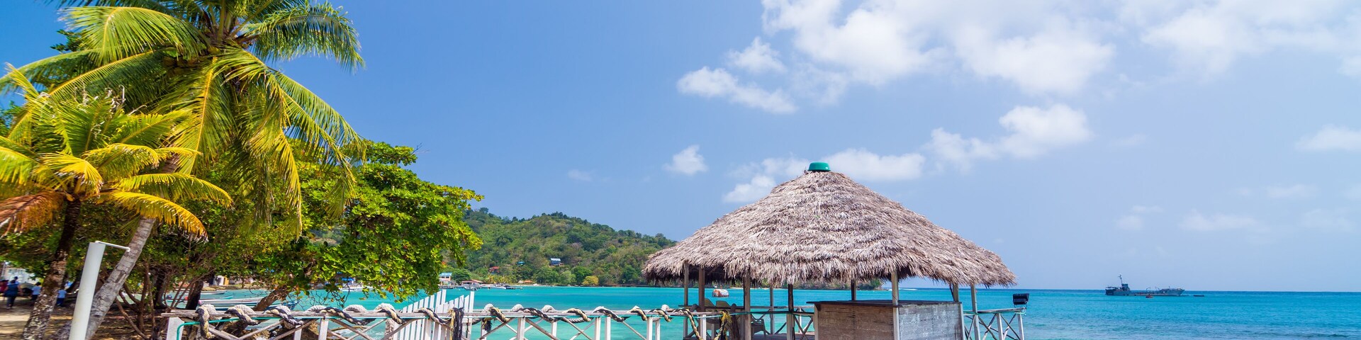 Uma praia com uma cabana de palha, palmeiras e um píer de madeira que se estende por águas turquesa.