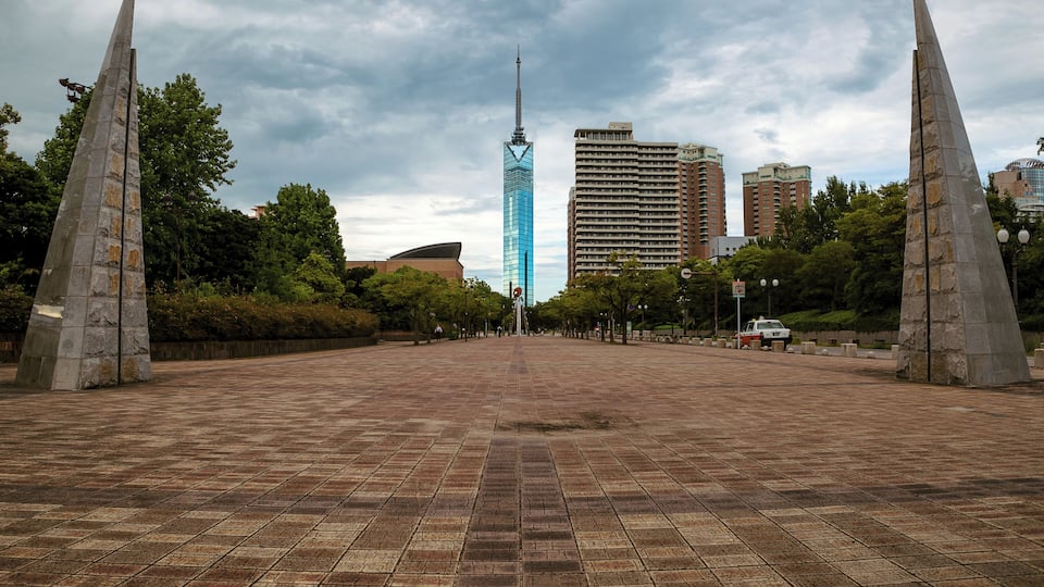 Fukuoka Tower as seen from Sazaesan Street in Fukuoka, Japan. #Asia #Japan #Fukuoka #city #cityscape #street #streetphotography #travel
