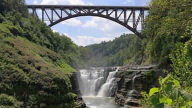 Uma cascata despencando sob uma ponte de aço, cercada por vegetação exuberante.