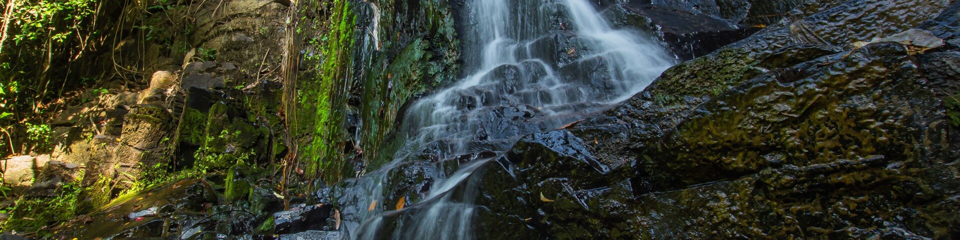 Uma cascata desce sobre rochas em uma área arborizada.