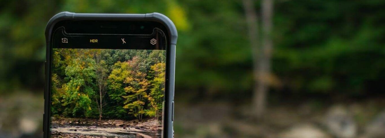 Mão segurando um smartphone com aplicativo de câmera aberto, mostrando uma área arborizada com um riacho.