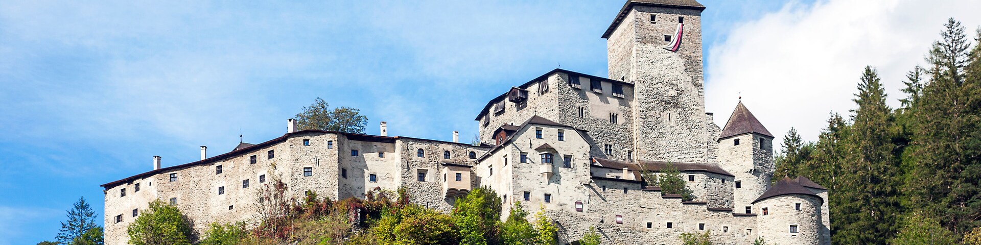 Um castelo histórico com várias torres, incluindo uma torre central imponente, rodeado por floresta densa e terreno rochoso.