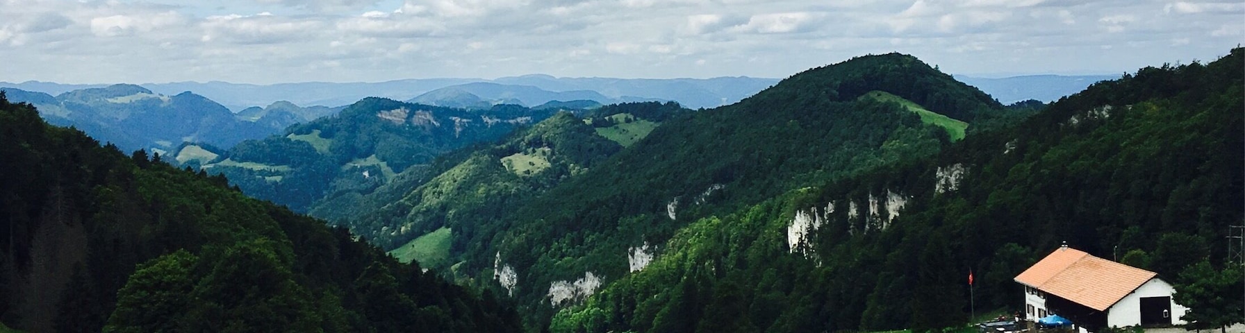 Hiking near Wassefallen, Switzerland. Take public transport from Basel to the picturesque town of Reigoldswil where there is a cable car into the mountains. At the top are hiking trails, a ropes/zip line course, cafes, and picnic sites. Hike up to the ridge - on a clear day, you can see the Alps. To get down, you have the option to walk, ride the cable car, or rent adult-sized scooters to glide back to town. Great day trip from Basel!