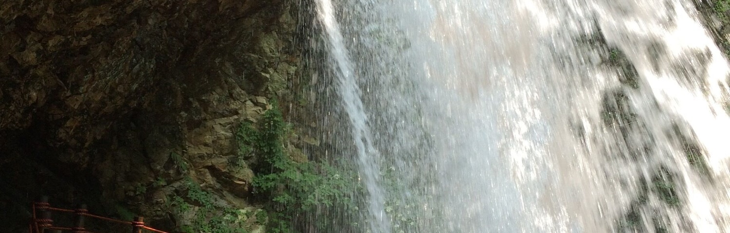 Very exciting view behind a waterfall, Kaminaridaki