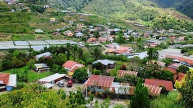 Uma aldeia numa encosta, com casas, campos em socalcos e montanhas ao fundo.
