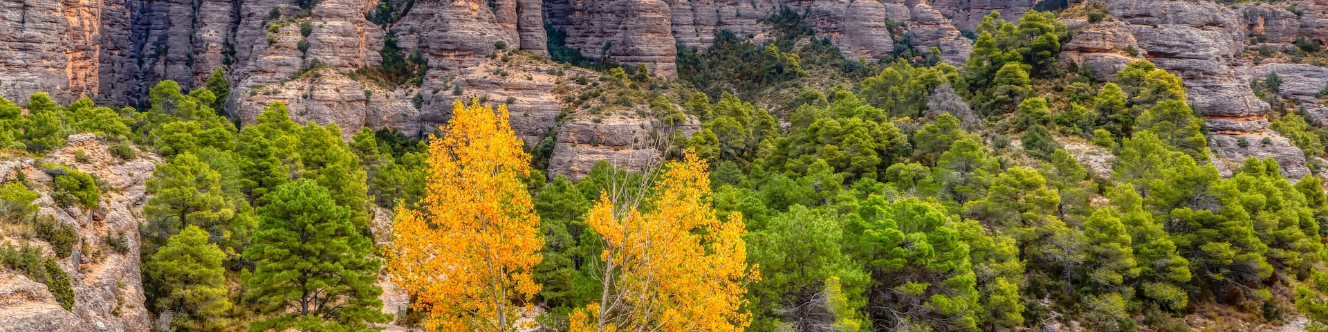 Paisagem montanhosa com falésias rochosas e um rio.
