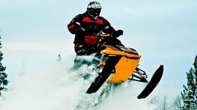 Uma pessoa praticando snowmobile em uma floresta coberta de neve.