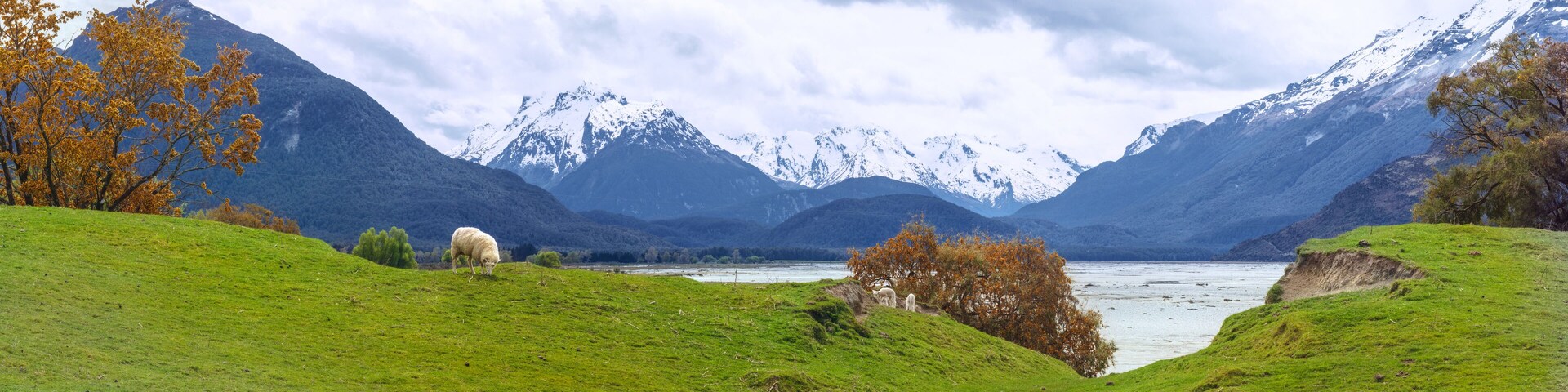 Paisagem montanhosa com rio, colinas verdes e uma ovelha pastando.