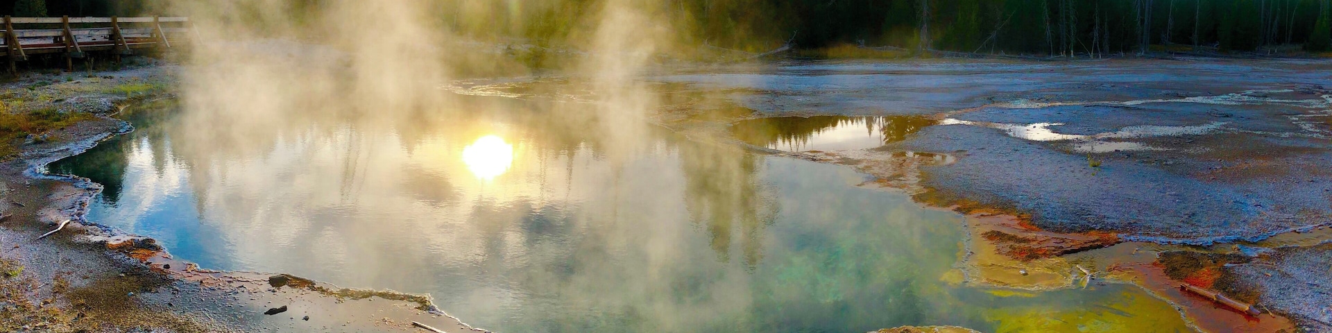 Sunset upon hot springs at West Thumb Geyser Basin!
