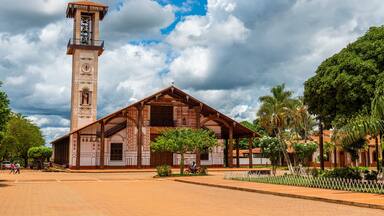 Uma igreja com um campanário e uma grande árvore em frente.