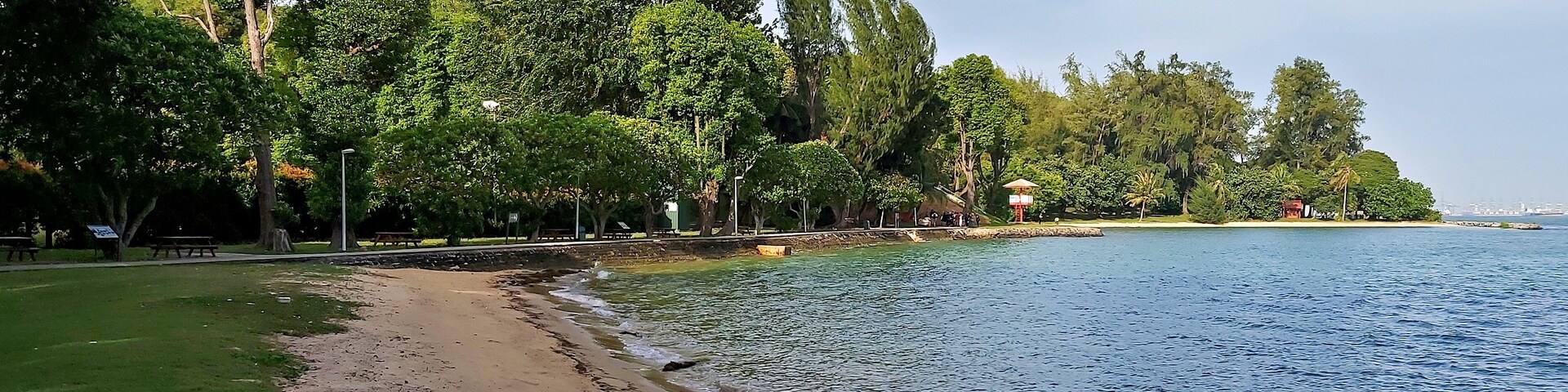 Uma praia com área gramada, areal arenoso e mar calmo.